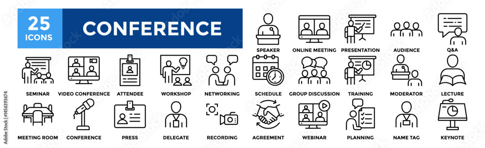 Conference icon collection set. Containing design Speaker, Online ...
