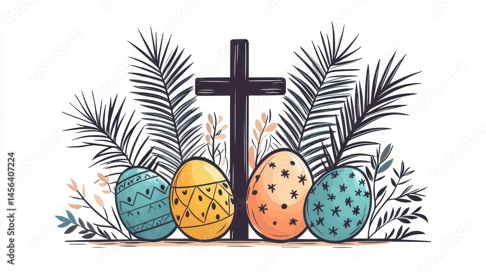 symbolic Christian trio clipart, palm, cross, egg illustration, pastel ...