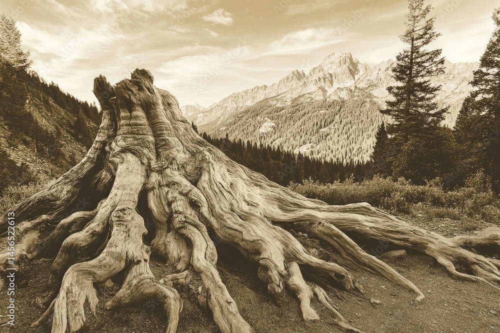 Ancient tree stump with exposed roots in sepia tone against a majestic ...