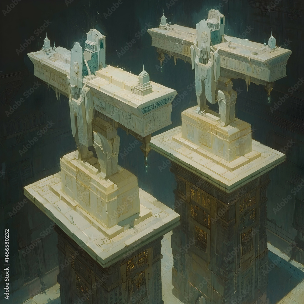 Three ornate stone structures in a subterranean chamber, possibly a ...