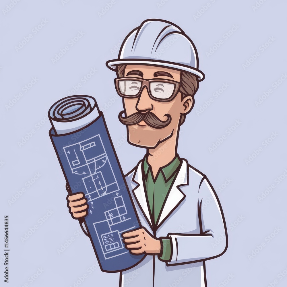 Cartoon Architect Reviewing Blueprints - Construction Professional with ...