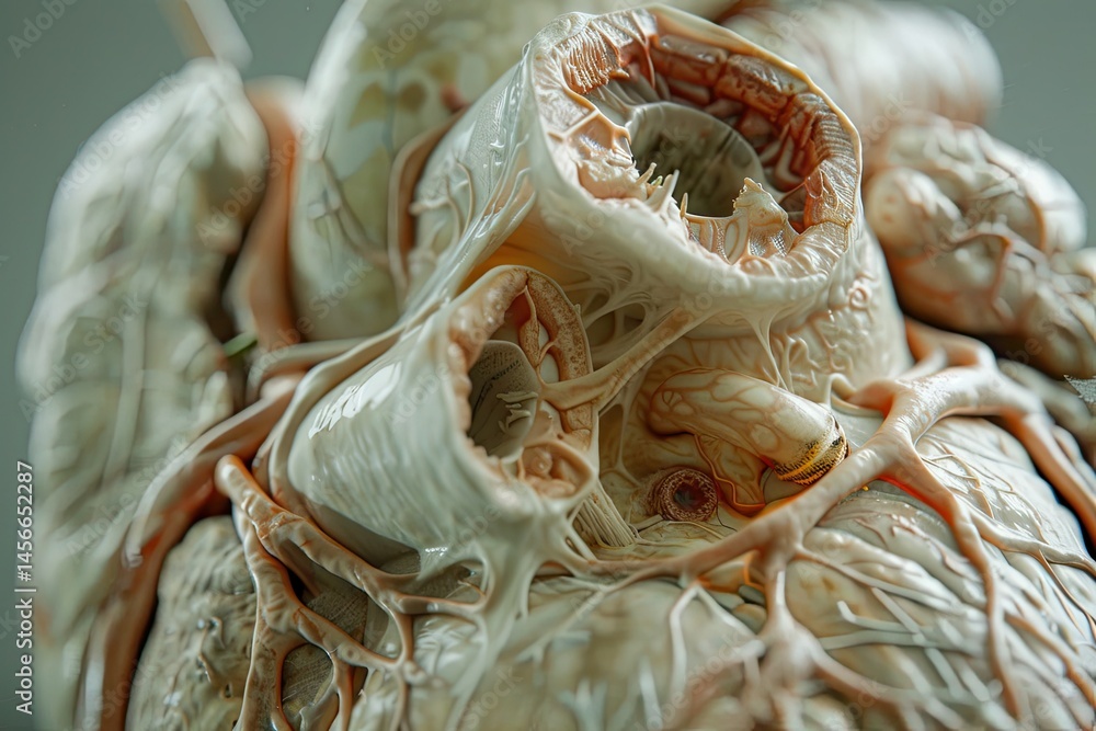 Detailed cross-section of human heart anatomy with labeled chambers and ...