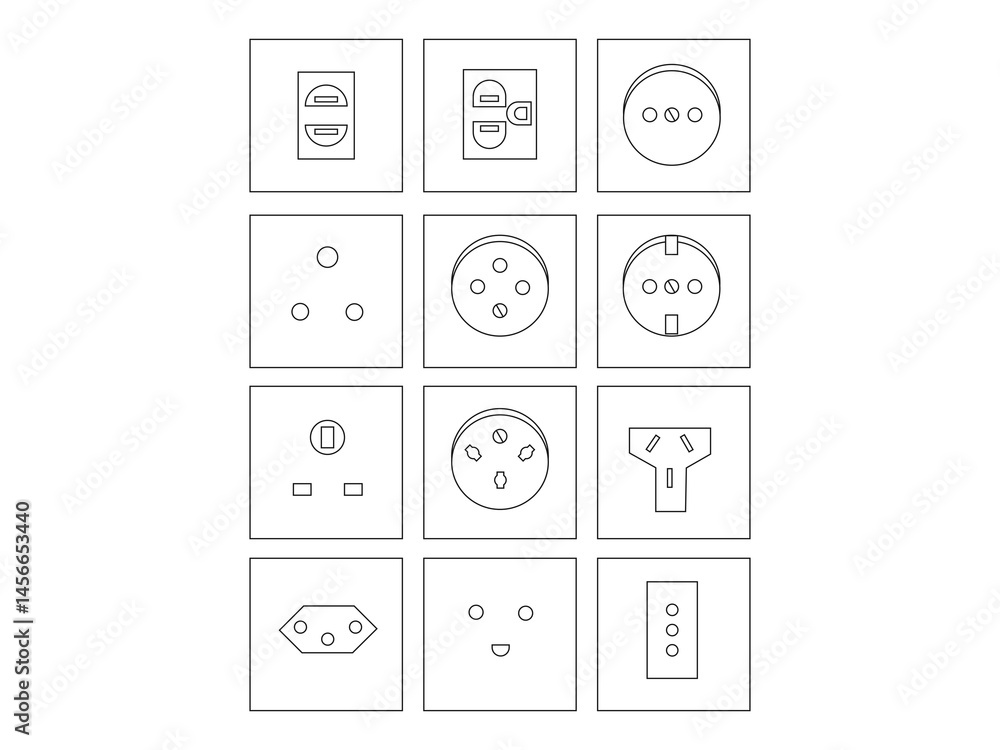Diverse International Electrical Outlets in Outline Vector Illustration ...