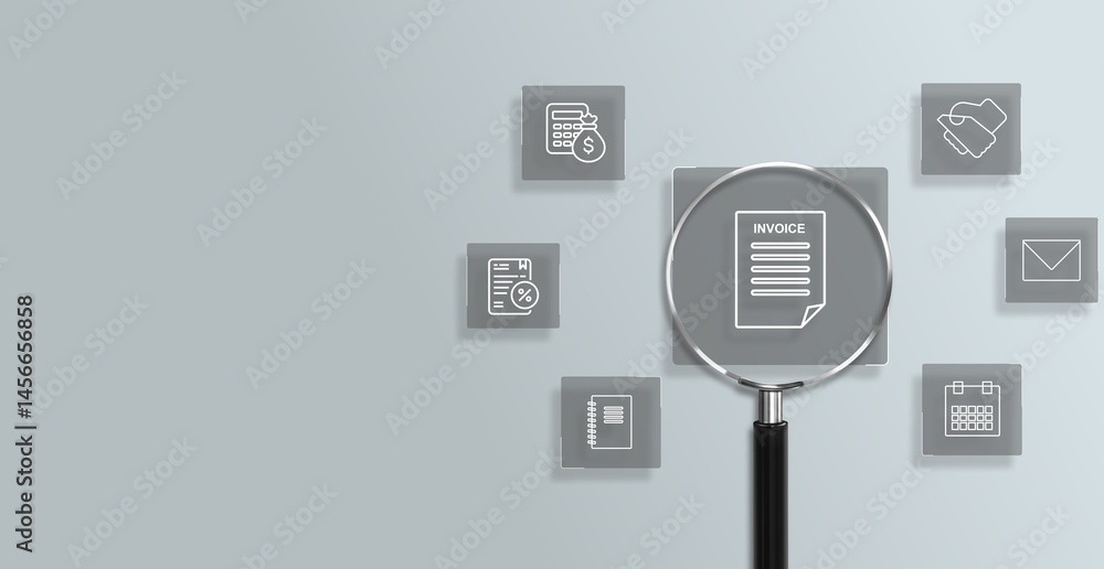 Magnifying glass focus on E-invoice and online digital statements ...