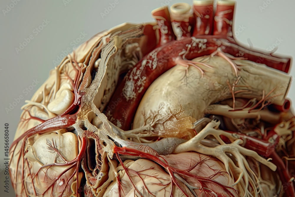 Detailed cross-section of human heart anatomy with labeled chambers and ...