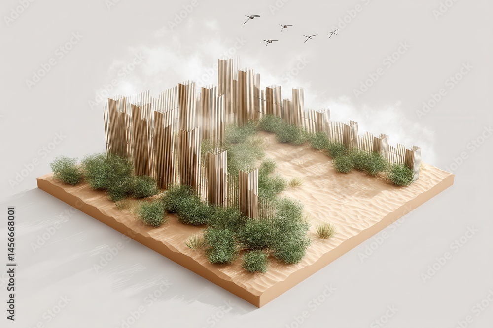 High-detail 3D visualization of a desert dust storm mitigation system ...