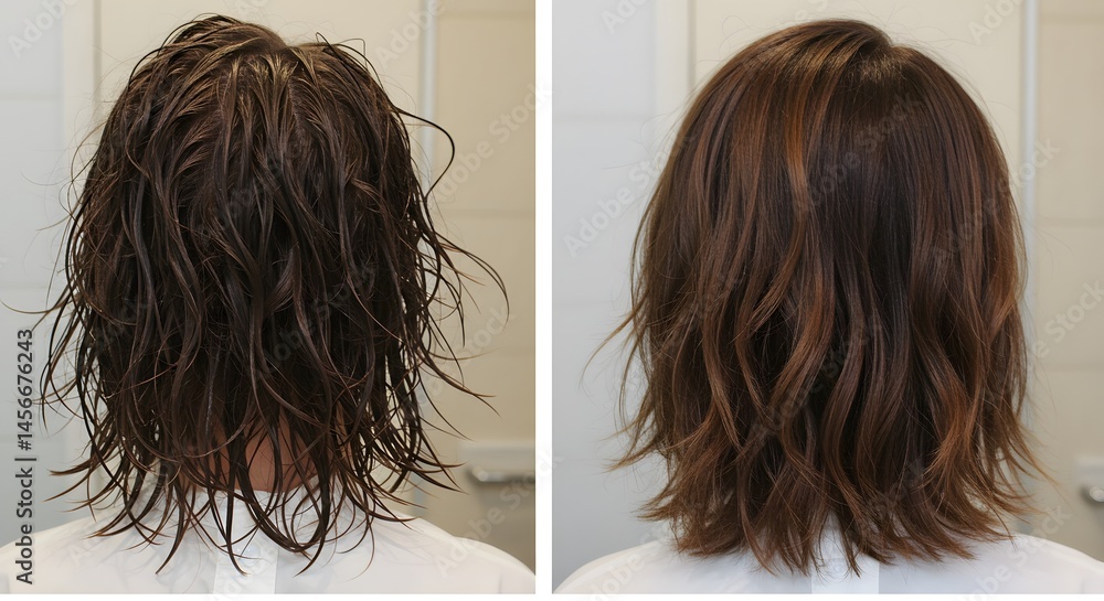 Side-by-side shot shows wet, unstyled hair next to styled, wavy, and ...
