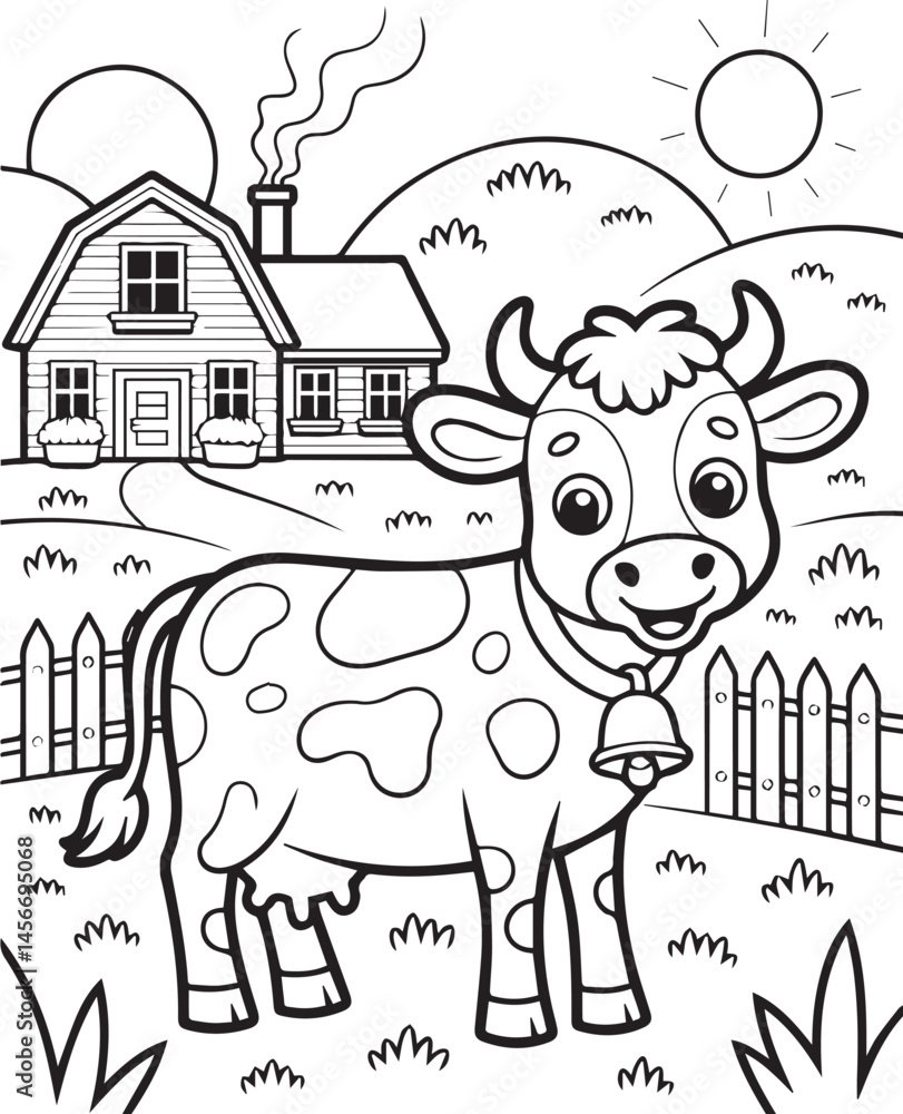 Cute cow farm animal coloring page for kids, black line art vector ...