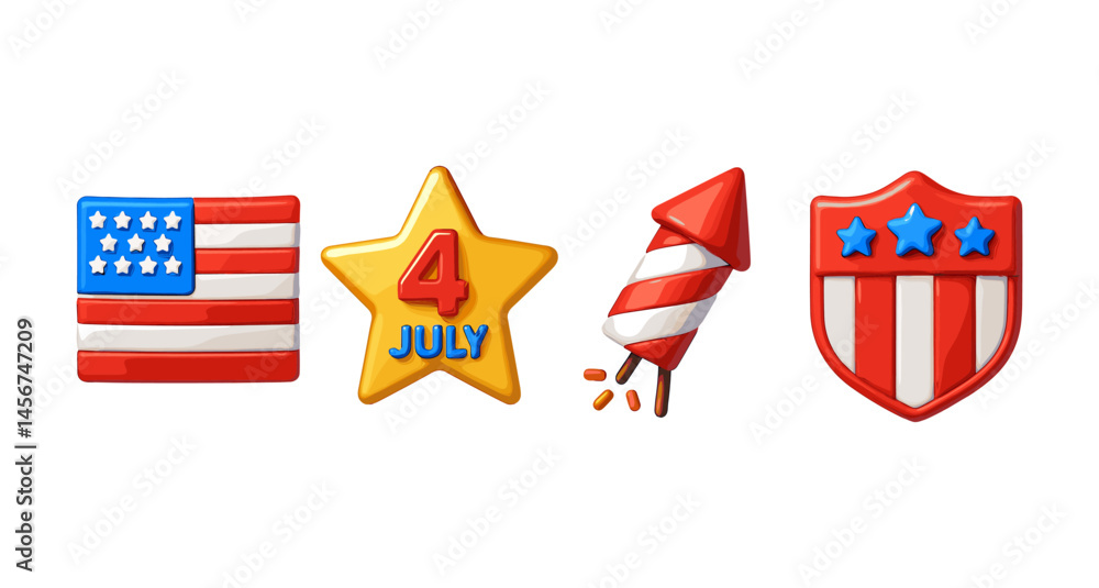 4th of july icon set: flag, star, firework, and shield symbols Stock ...