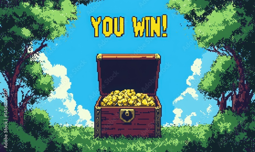 8-bit pixel art treasure chest with You Win text in retro game ...