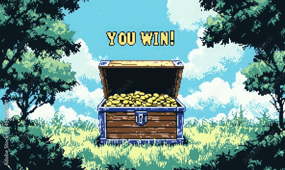 8-bit pixel art treasure chest with You Win text in retro game ...