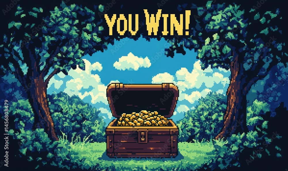 8-bit pixel art treasure chest with You Win text in retro game ...