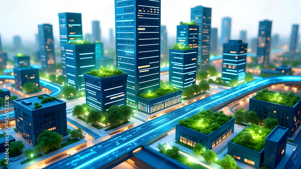 Futuristic smart city model with neon lit skyscrapers and green rooftop ...