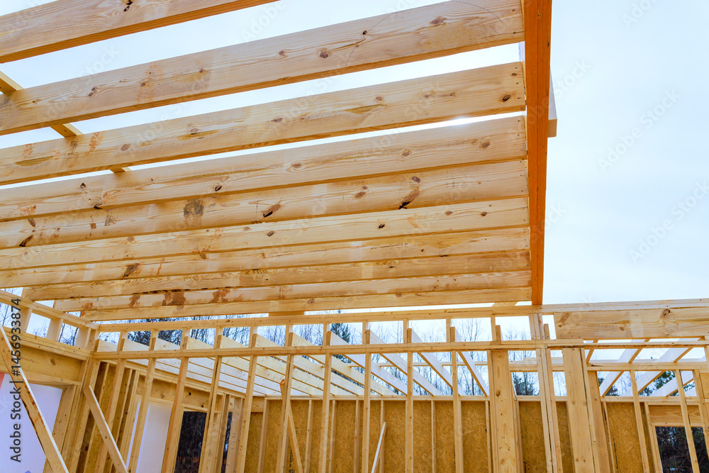 Workers are assembling wooden beams framework at construction site ...
