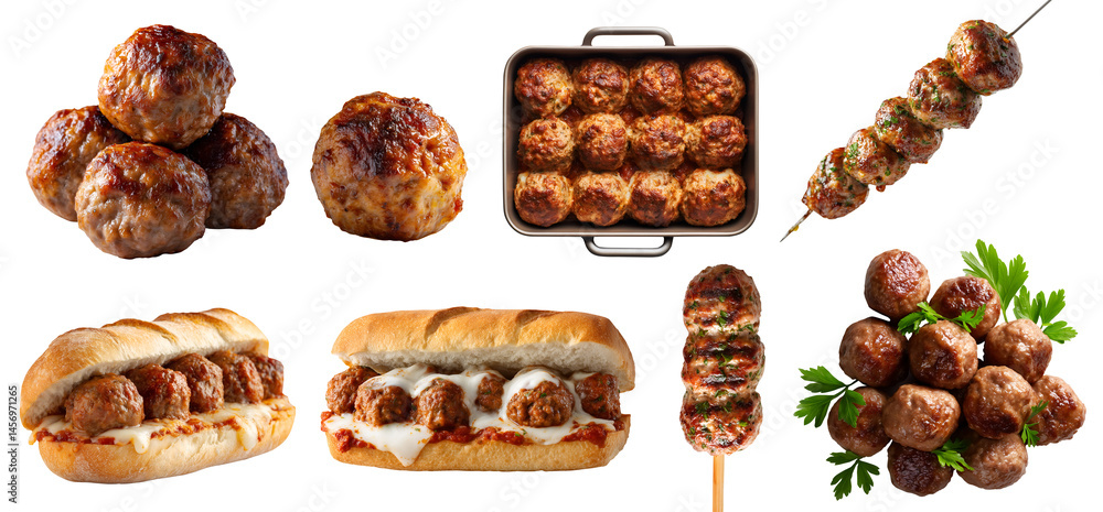 Set of Ground mince meat ball meatballs, sub sandwich bun, skewer stick ...