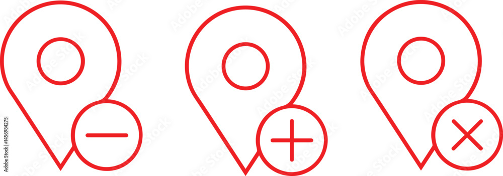 Map pin icons, minimalist design, red outlines, white background, minus ...