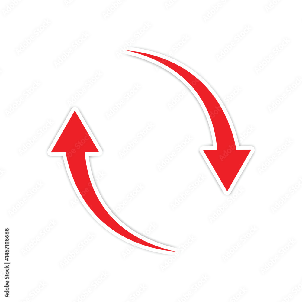 Two red arrows in a circular motion against a white backdrop represent ...