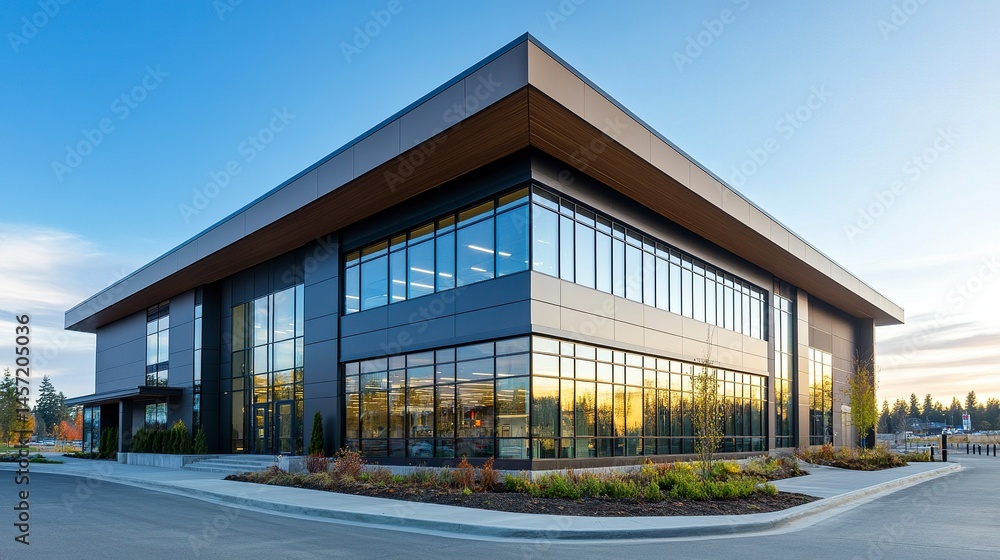 Sleek modern building featuring aluminum siding, a flat angled roofline ...