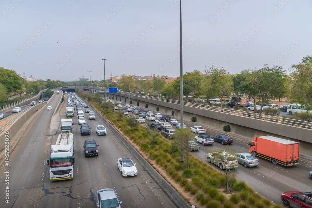 Heavy traffic jam on a multi-lane highway in Riyadh, the capital city ...