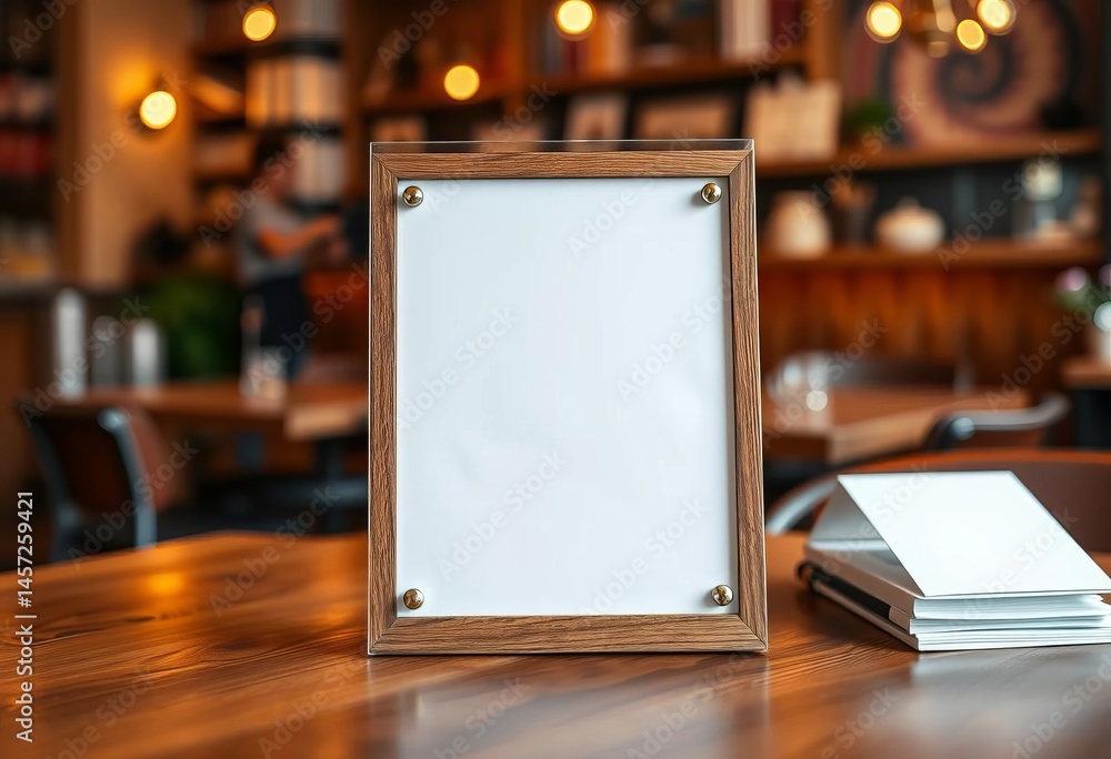 Blank menu frame mockup; wooden table, booklet, acrylic tent card ...