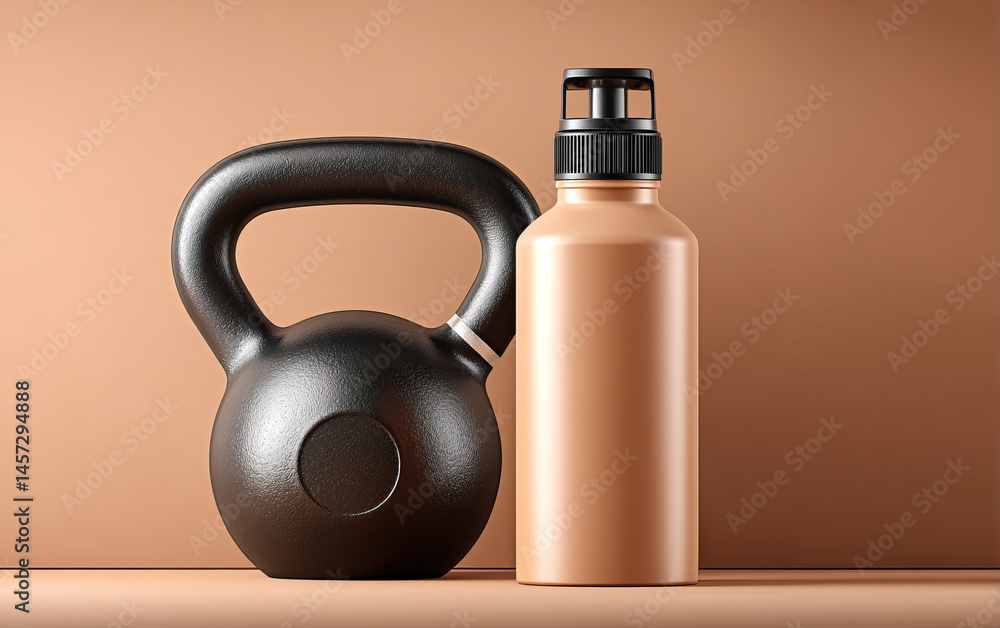 Fitness product mockup with kettlebell and bottle on brown background ...
