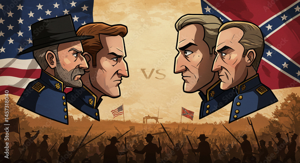 Union vs Confederate – Cartoon Illustration of Civil War Battle at ...
