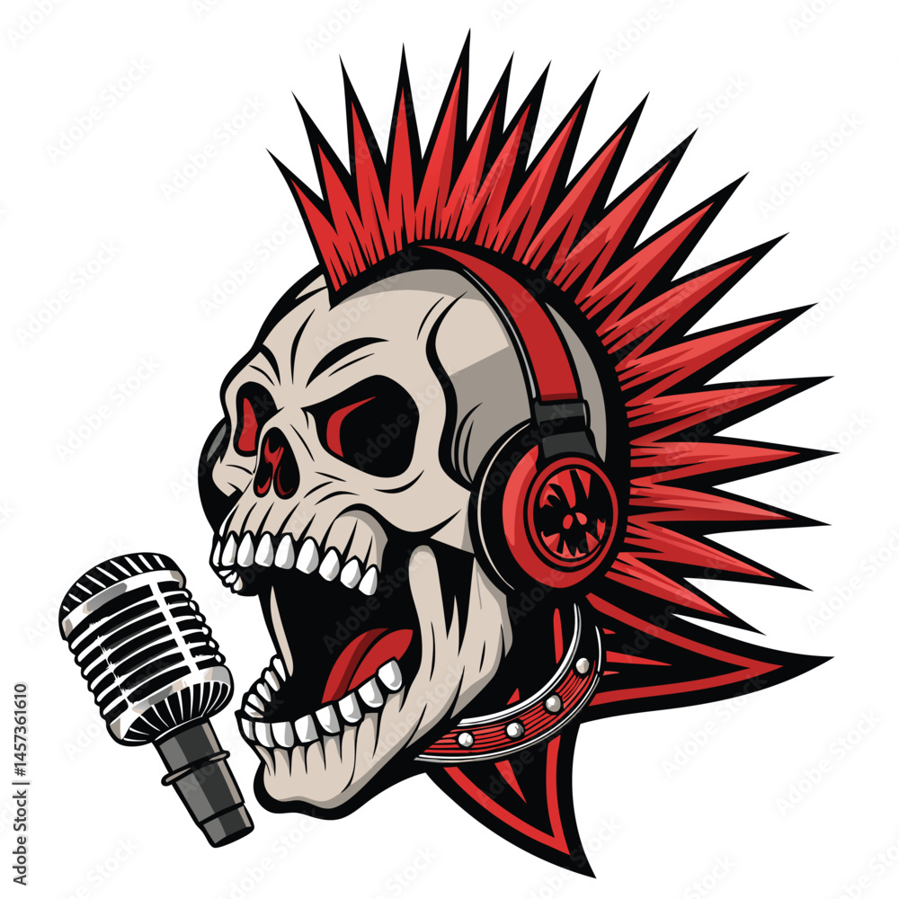Render a screaming skull with a spiked mohawk, clutching a microphone ...