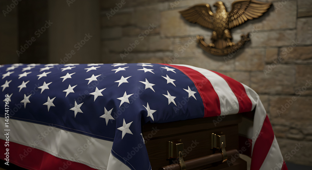 American Flag Drapped Casket In a Memorial Setting with Gold Eagle and ...