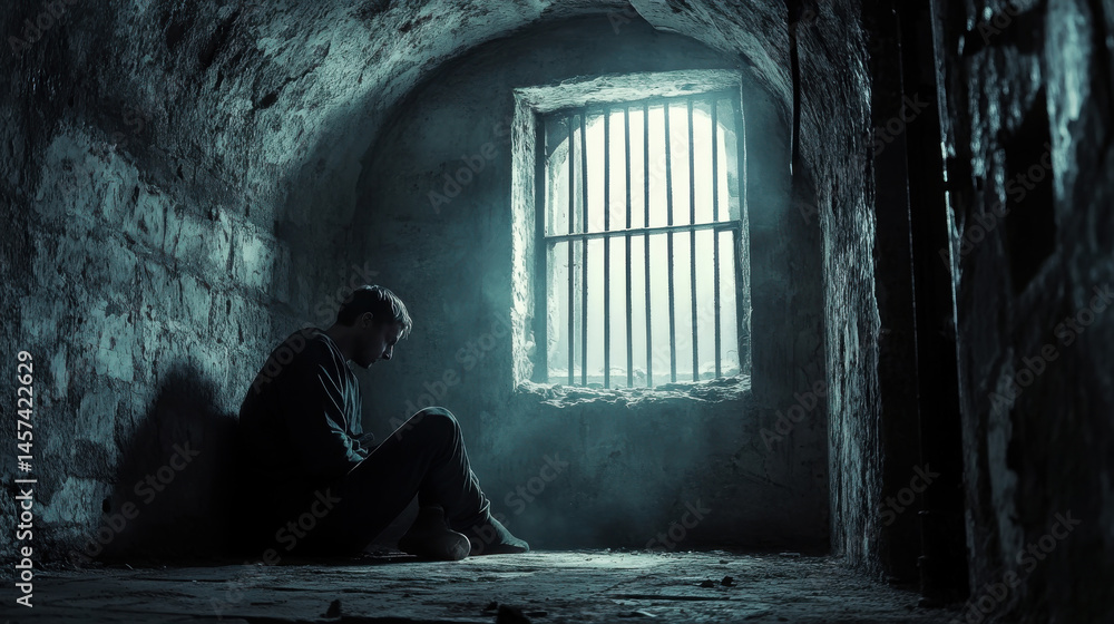Solitary man in dimly lit ancient stone prison cell with bars casting ...