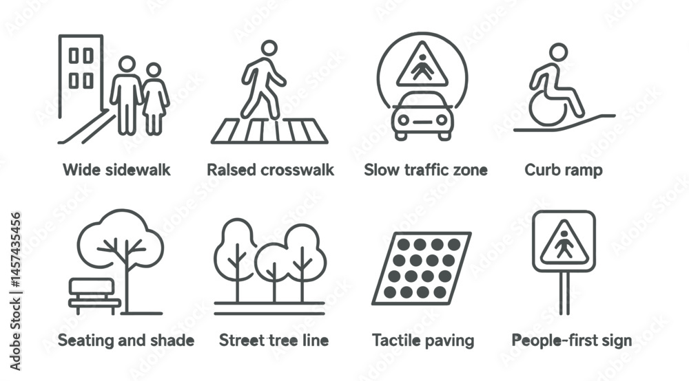 Line style icons of pedestrian-first city: wide sidewalk icon, raised ...