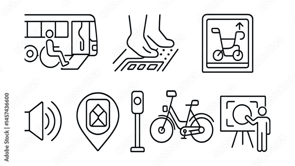 Vektor Line style icons of inclusive mobility access: wheelchair ...