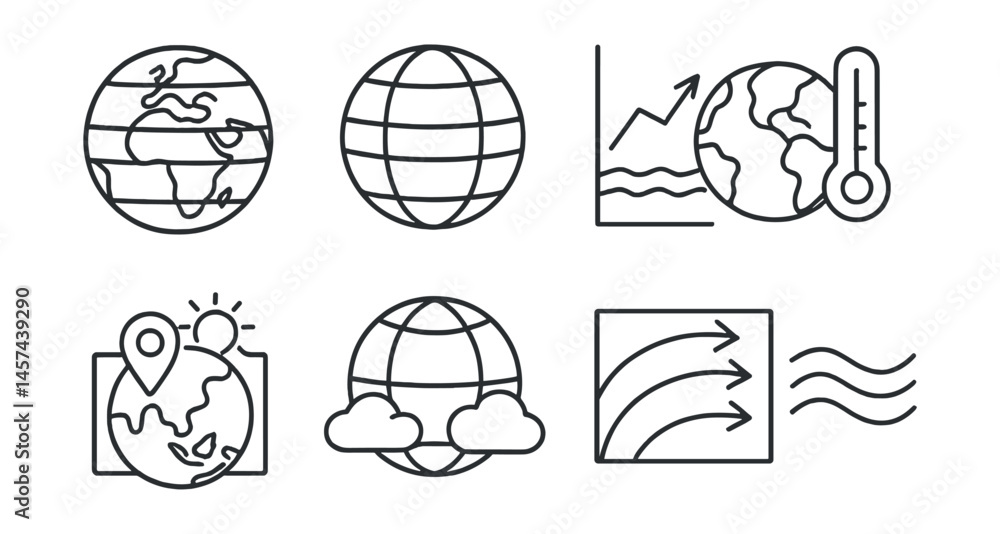 Line style icons of Earth and climate maps: Earth with zones, climate ...