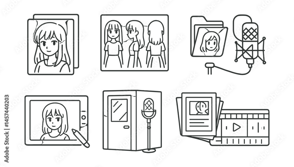 Praca wektorowa bez tantiem: Line style icons of anime production tools ...