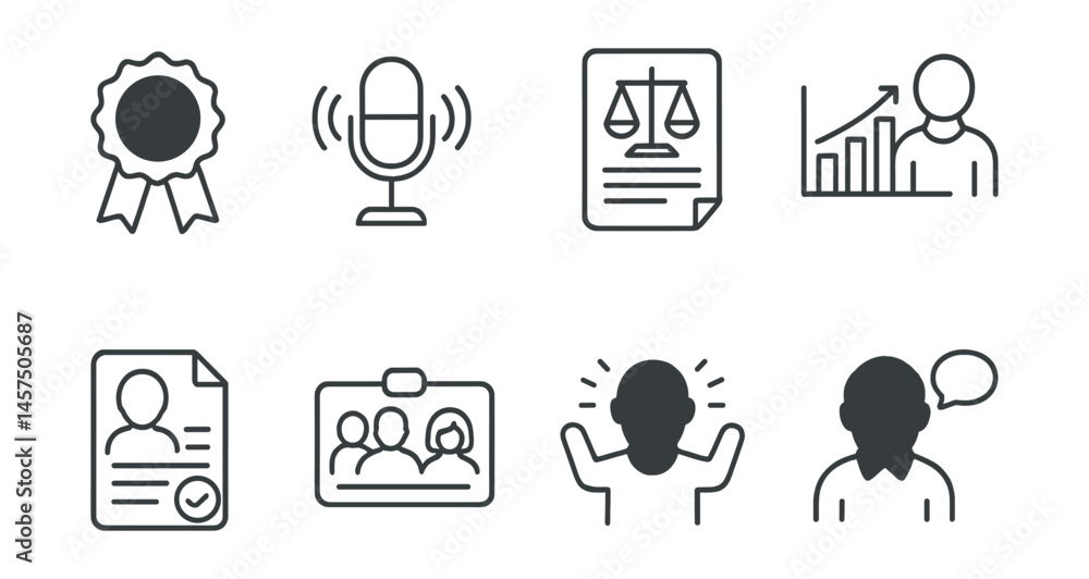 Line style icons of dignity and aging rights: respect badge, voice ...