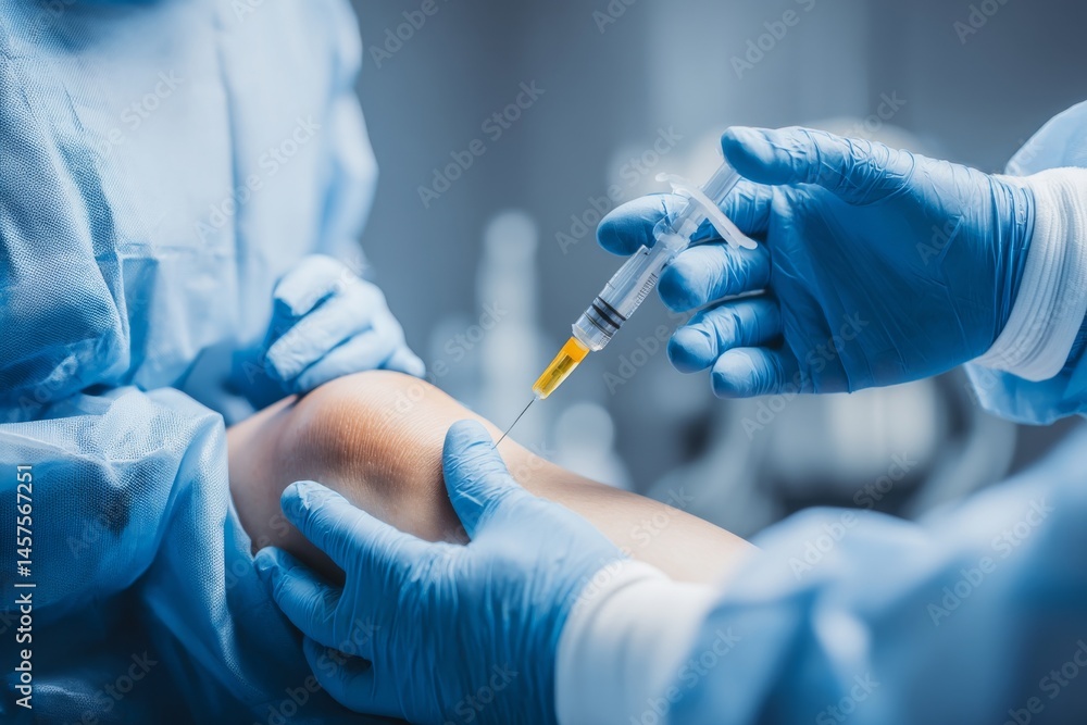 Medical professional injecting medicine into a patient's knee during a ...