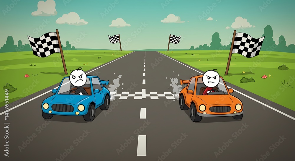 Cars Racing to Finish Line with Animated Drivers Stock Illustration ...