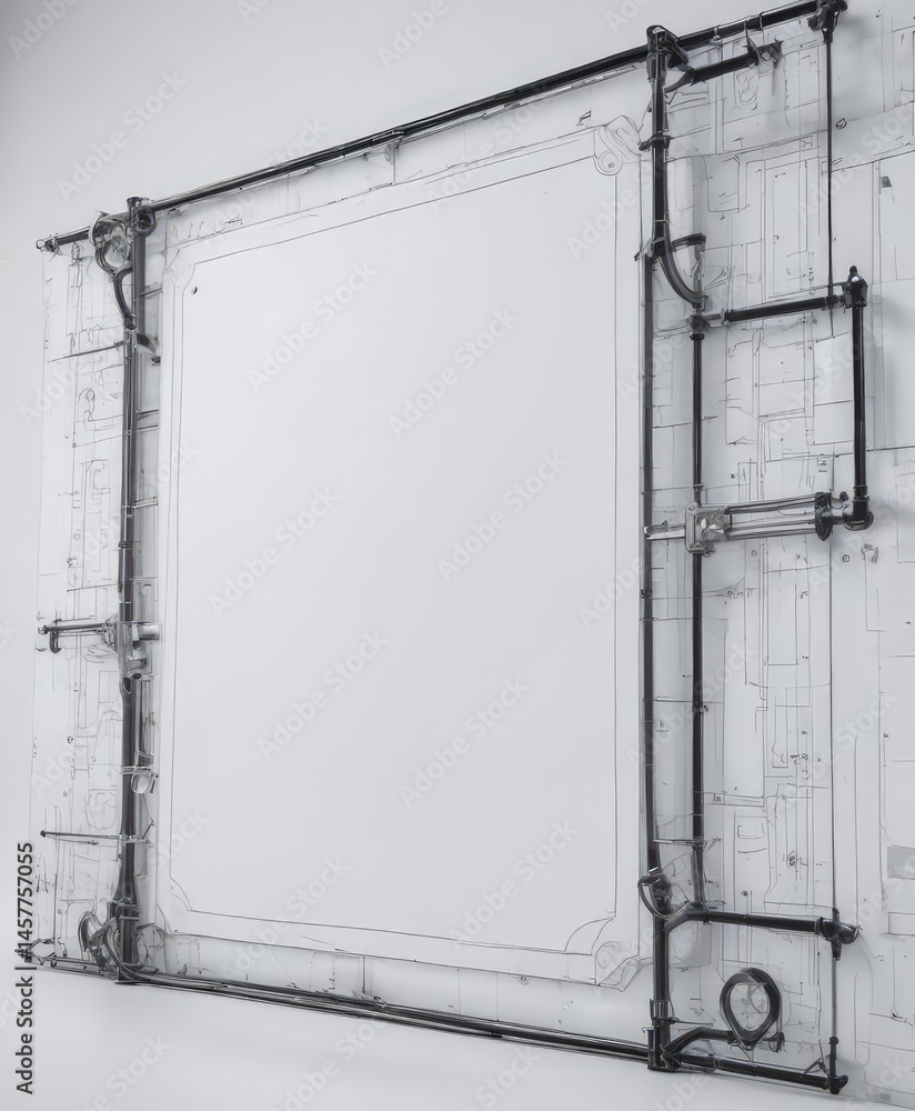 White backdrop featuring sharp, black-outlined blueprint-style shapes ...