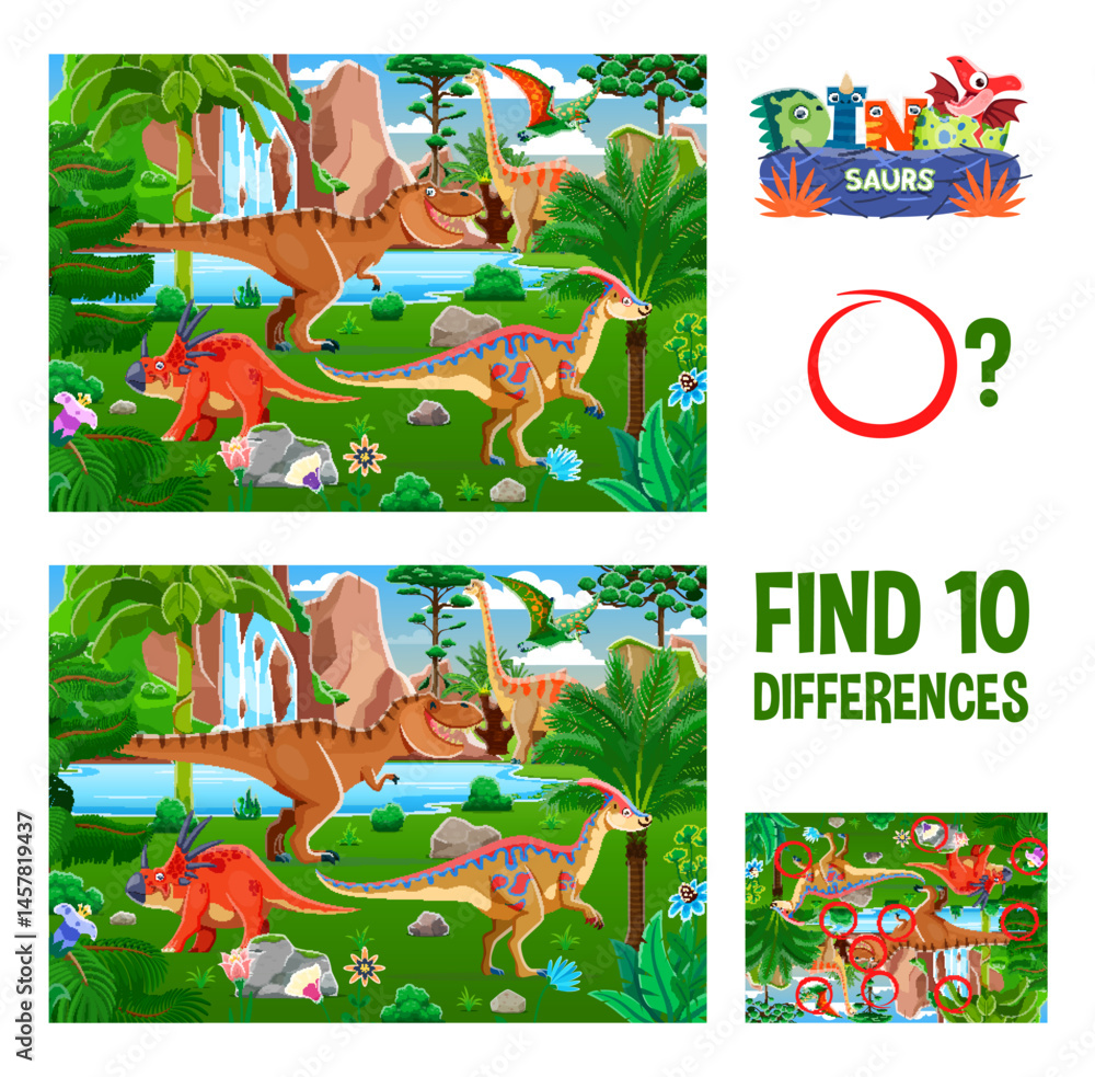 Kids game worksheet to find ten differences between prehistoric ...