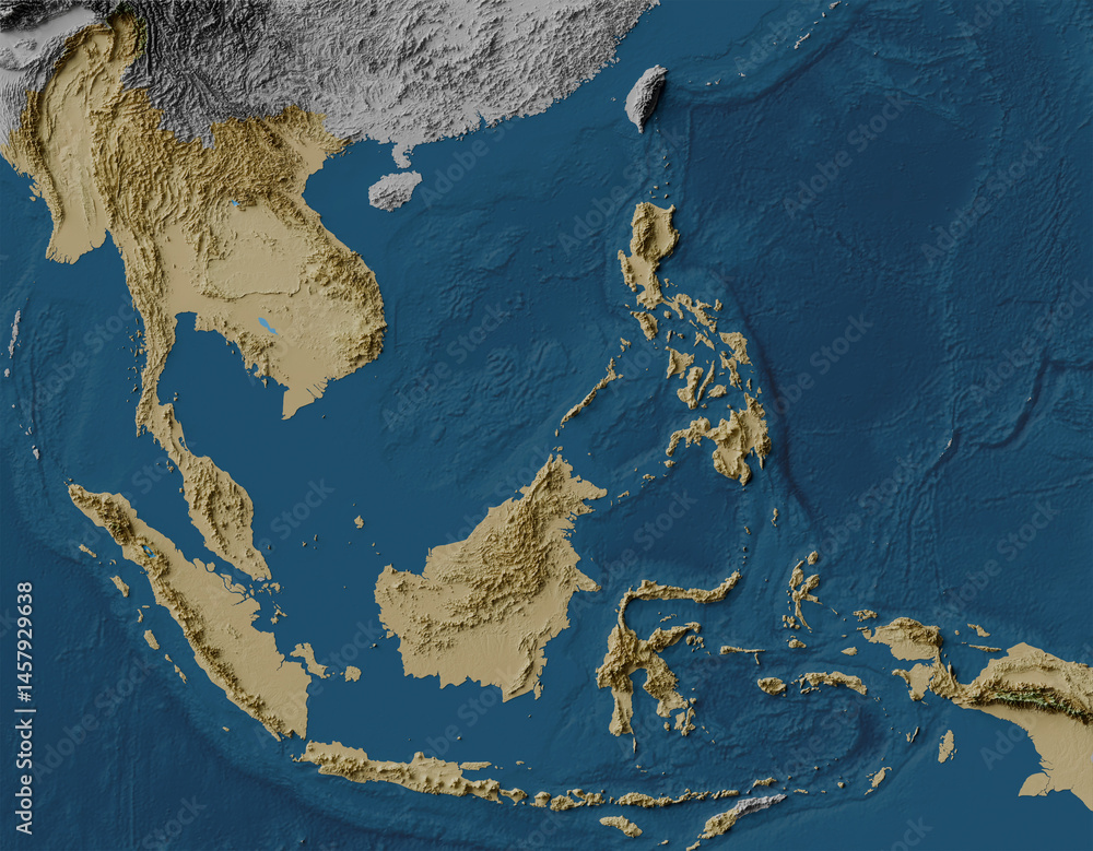Highlighted Southeast Asia map of land and ocean floor terrain with ...