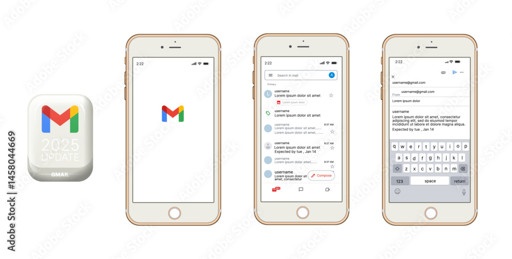 Gmail UI mockup template. Gmail email inbox and message interface ...