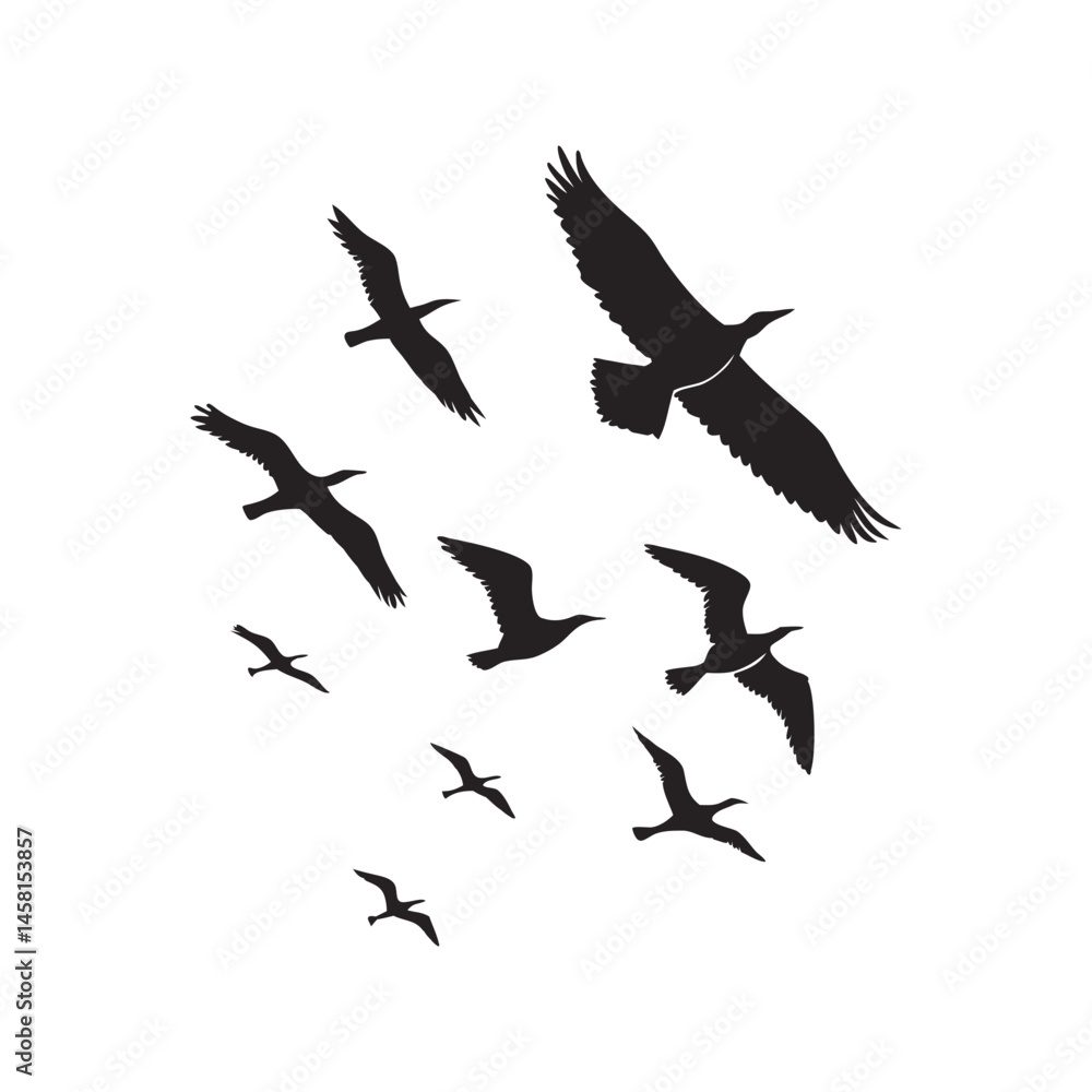 Flying birds silhouette black vector illustration, multiple birds in ...
