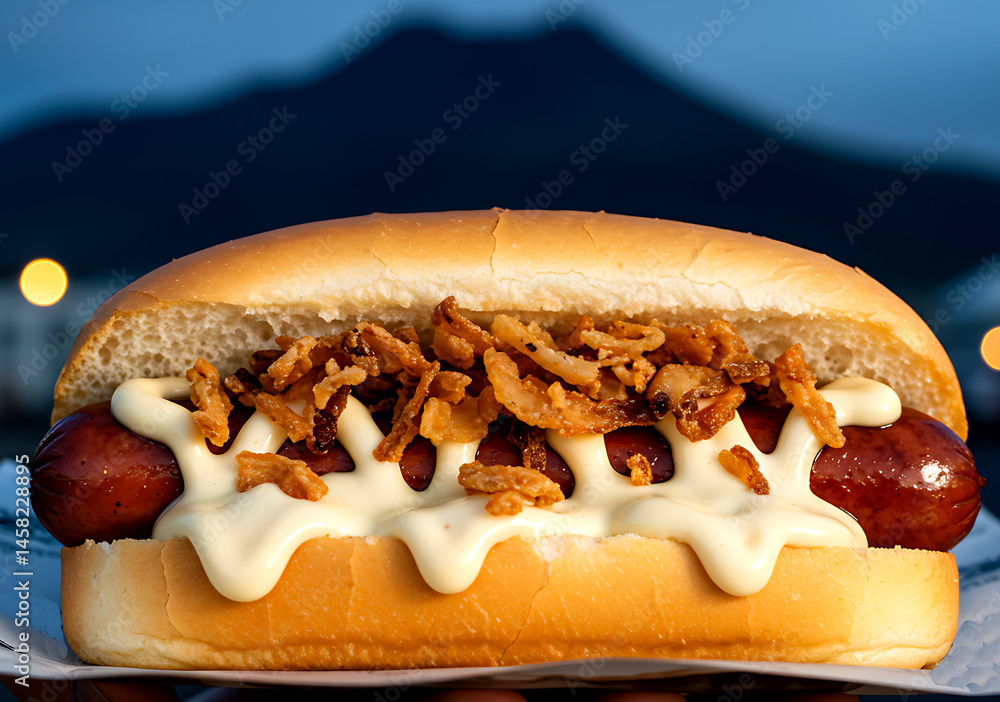 Icelandic pylsur hot dog with crispy fried onions and remoulade sauce ...