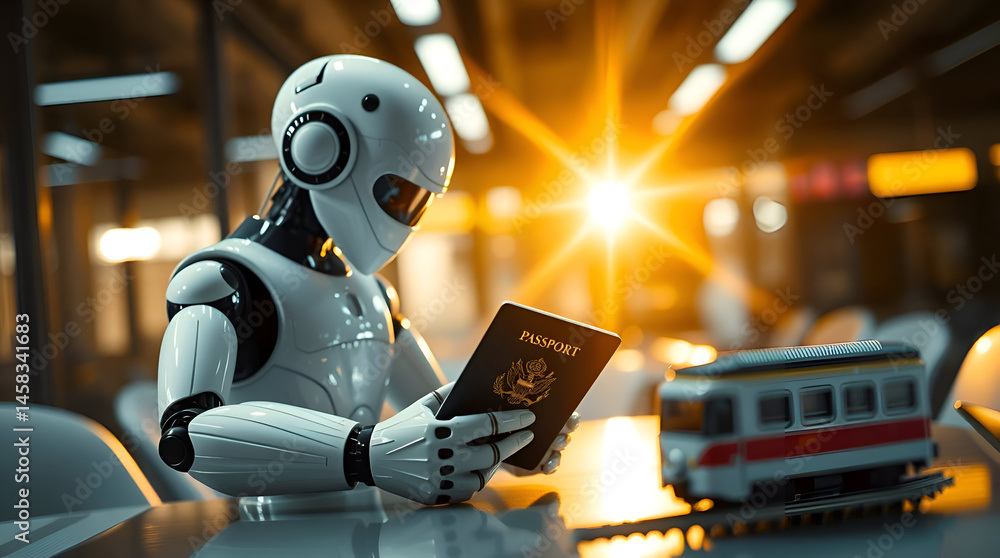 A white humanoid robot Checking a passport For Booking a Train Ticket ...