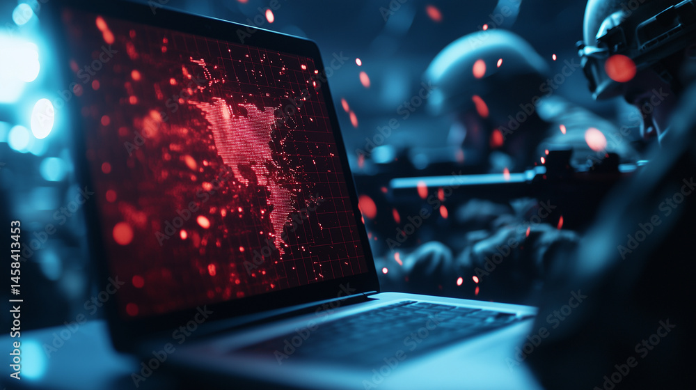 Close-up of laptop screen displaying a heat map of local enemy activity ...