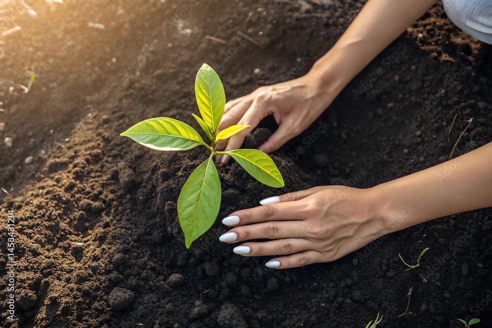 Hands Planting Seedling in Rich Dark Soil from Overhead View with Green ...
