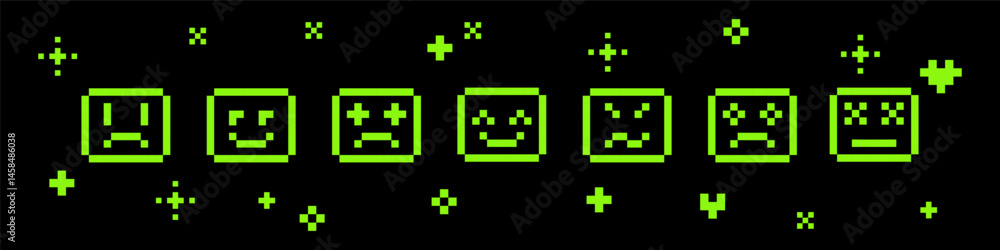 Emoticons line. Abstract Y2k inspired pixel face with different ...