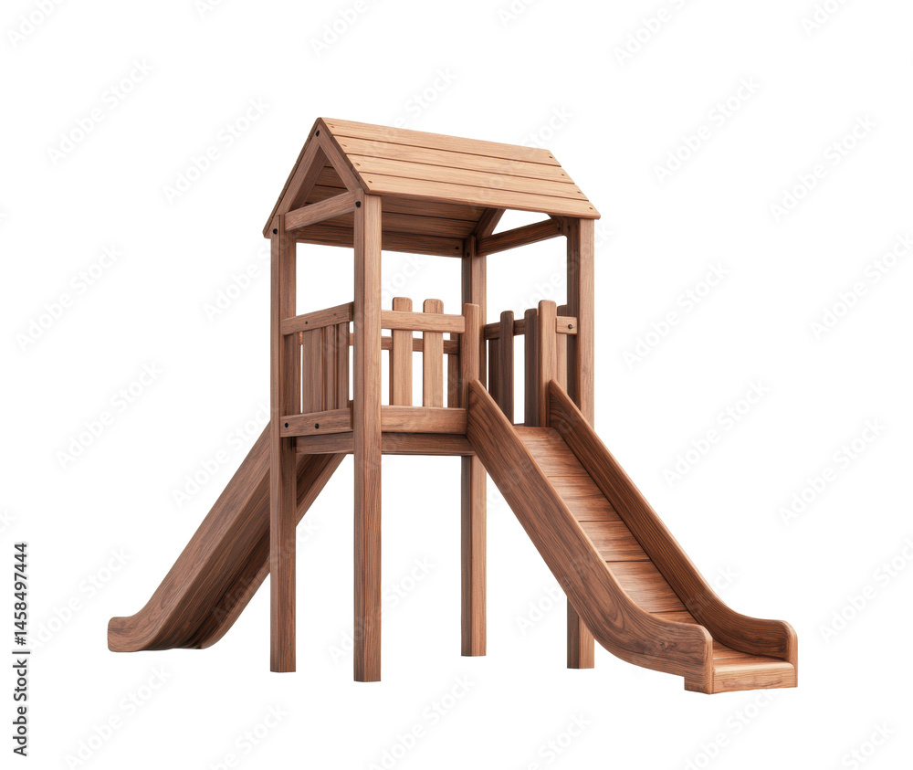 Wooden playground structure with slides for children's playtime on a ...