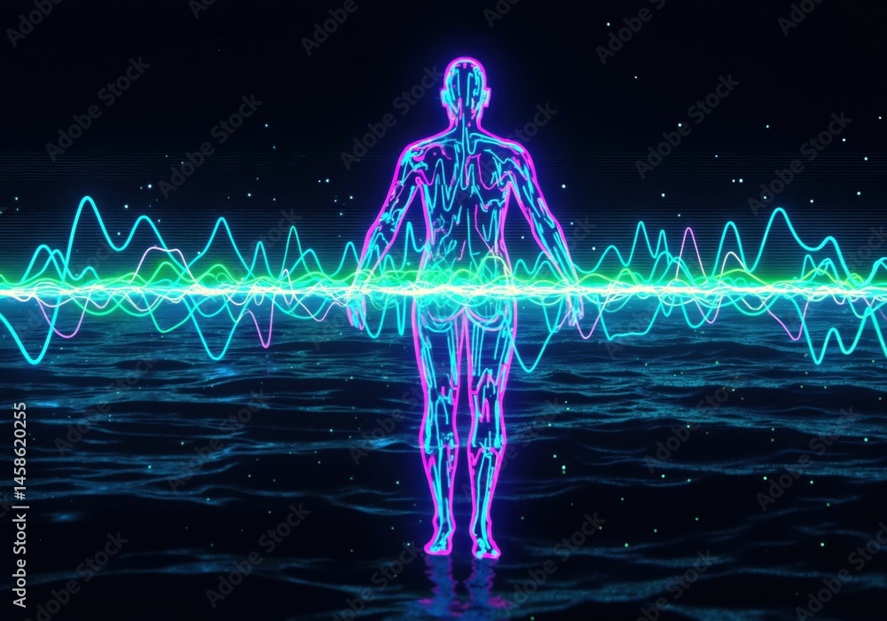 Man energy flows as ocean day soul, body pulse glows with cyan and ...
