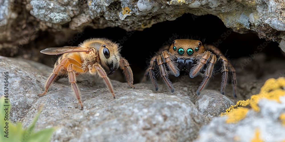 Bee and jumping spider facing forward in rocky enclave, contrasting ...