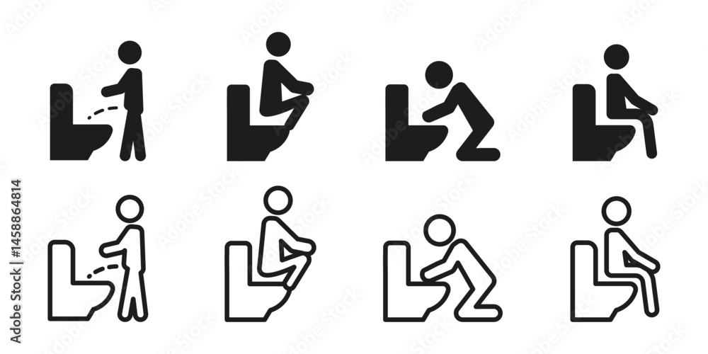 Toilet icon set. Male figure using toilet in various positions standing ...